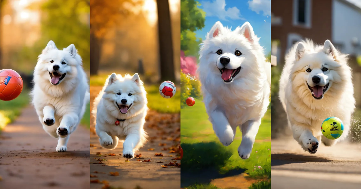 Lexica - Samoyed chasing the ball, inspired by Disney, Pixar, Dreamworks.