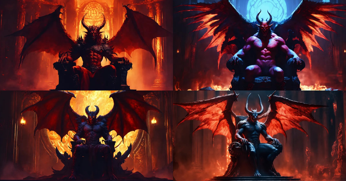 Lexica - Demon monster with wings, intrigued, sitting on a throne ...