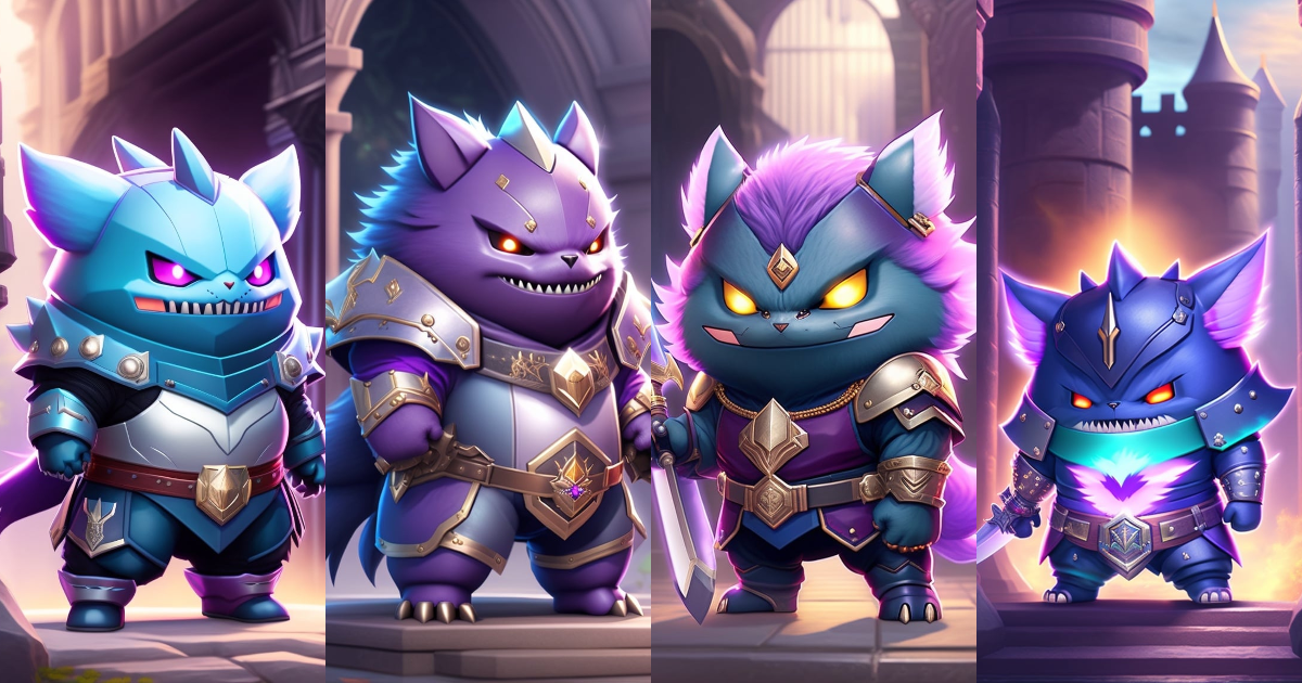 Lexica - Cute little gengar full body, metal armor with sword, dark ...