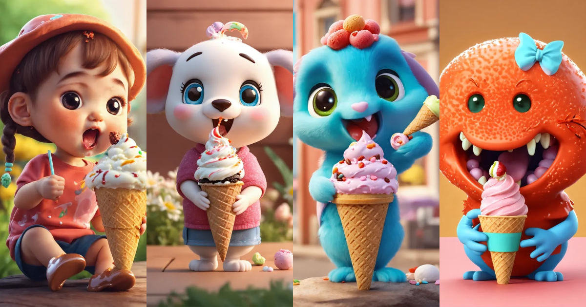 Lexica - A cute 3D craw-like character eating ice-cream, charming ...