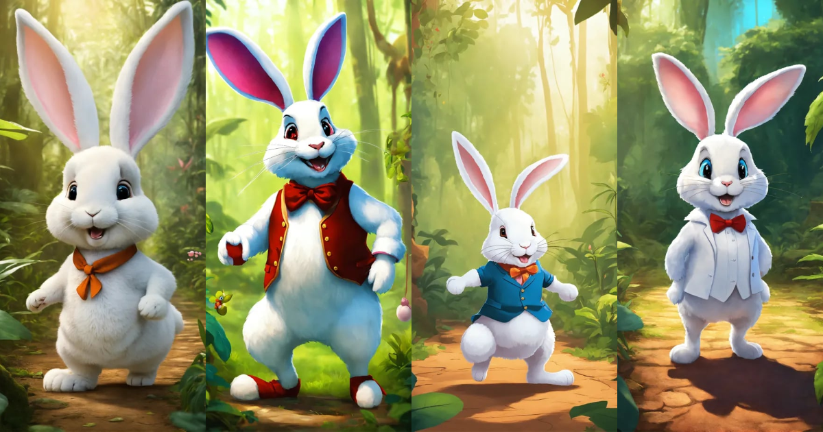 Lexica - Let cartoon big white rabbit walking on two legs in jungle