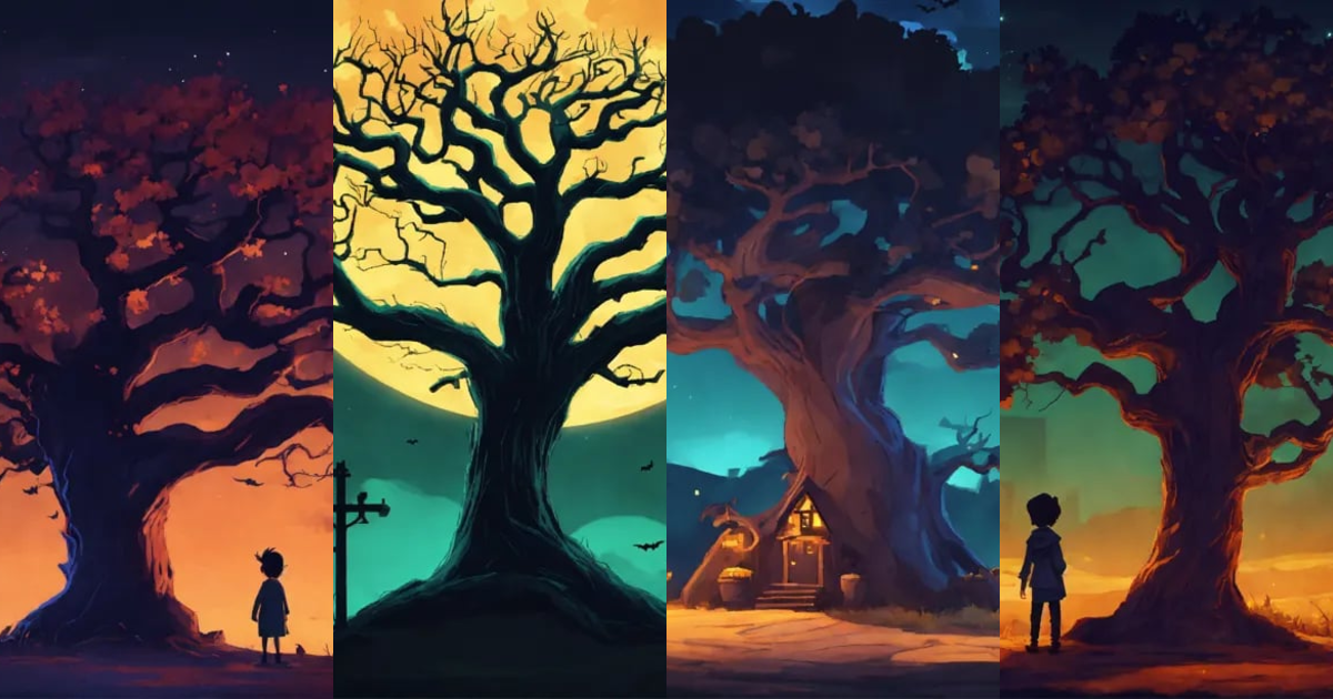 Lexica - A spooky tree waved at the main character at night, style of ...