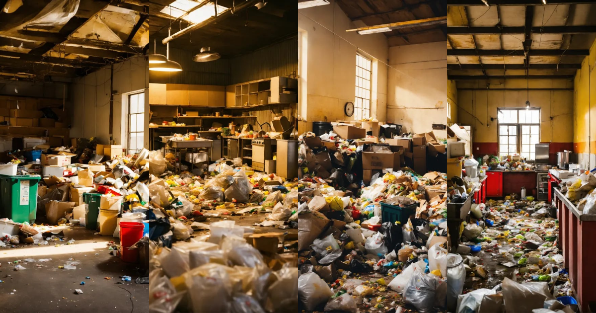 Lexica - Messy warehouse trash piles dirty kitchen