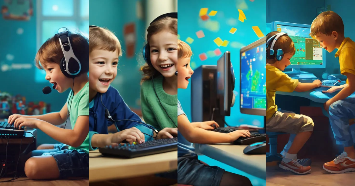 Lexica - Cyan background, Russian children playing computer games ...