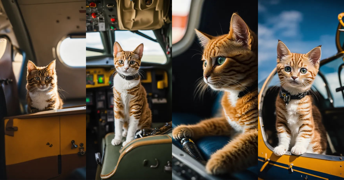 Lexica - A small cute cat taking over the cockpit of a plane