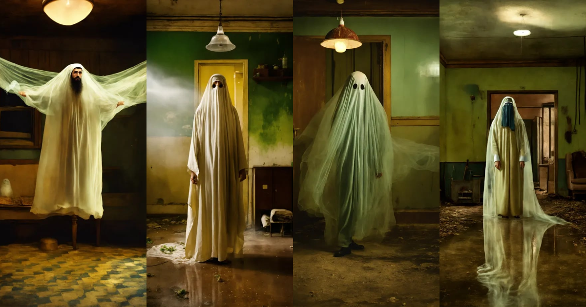 Lexica - Mid-century, Photo realistic, floating flying ghost see ...