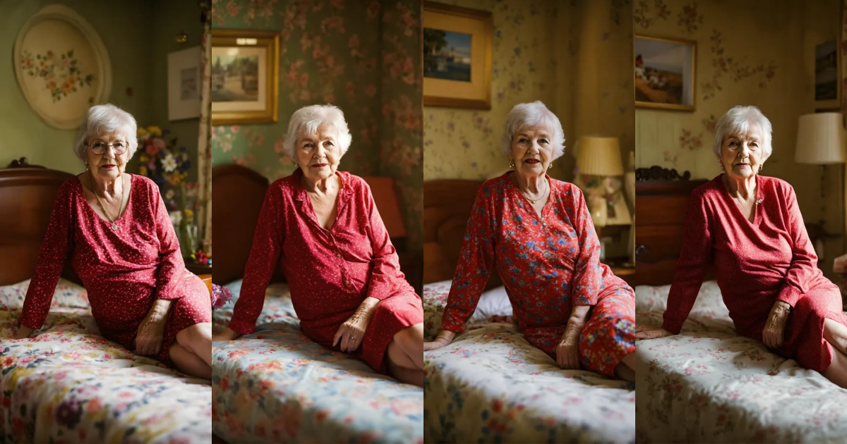 Lexica - British grandma, aged 70, she is sat on her bed looking promiscuous