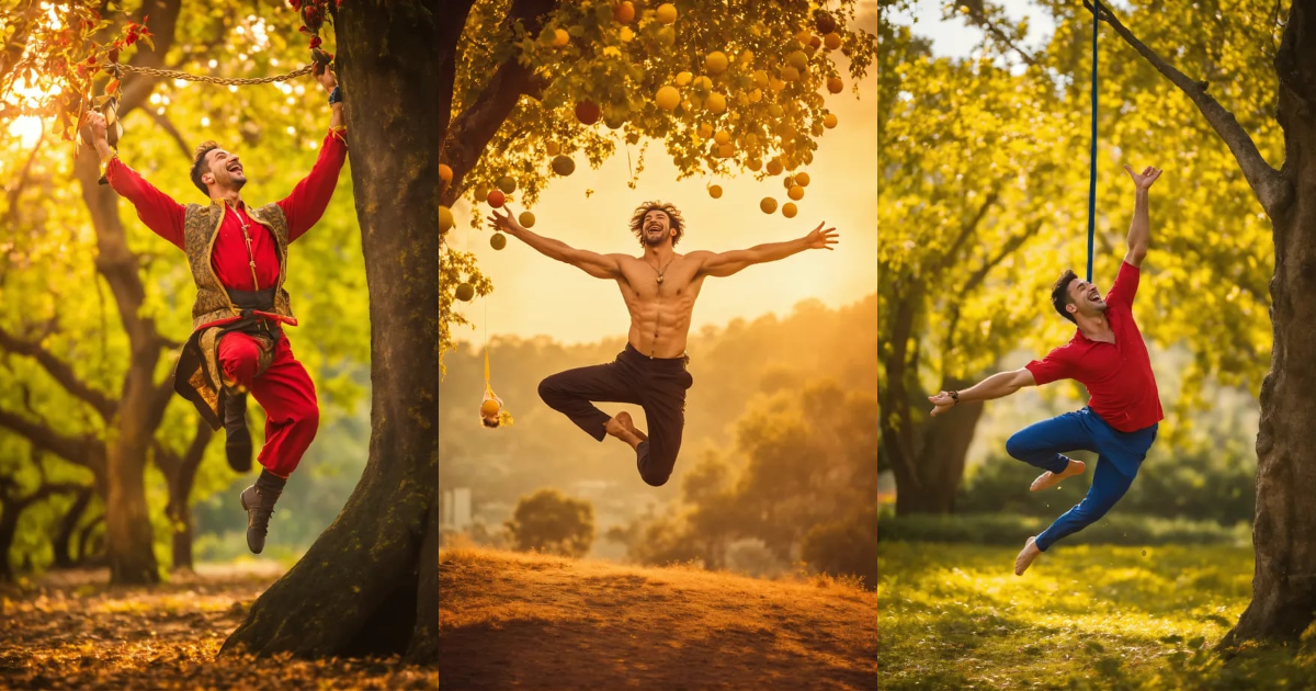 Lexica - "Create an image depicting a joyful man full of life, juggling ...