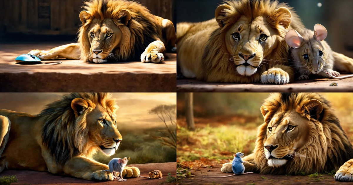 Lexica - Hyperrealistic image of a lion and a mouse together. The mouse ...