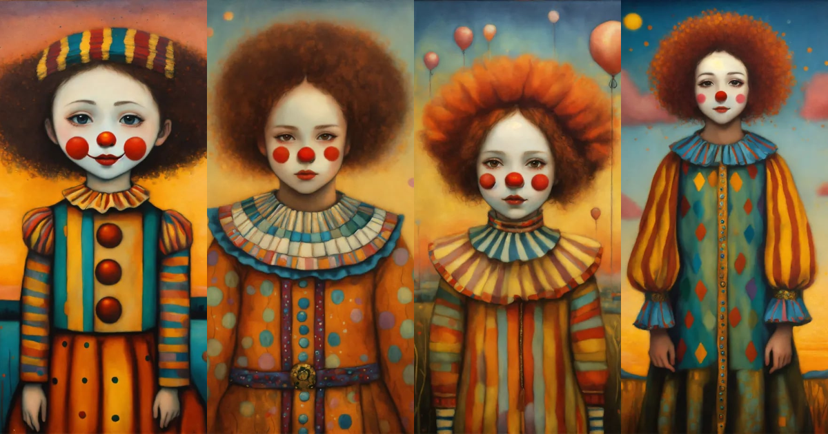 Lexica - Amazing girl age 5 Clown wearing clown costume in the sunset ...