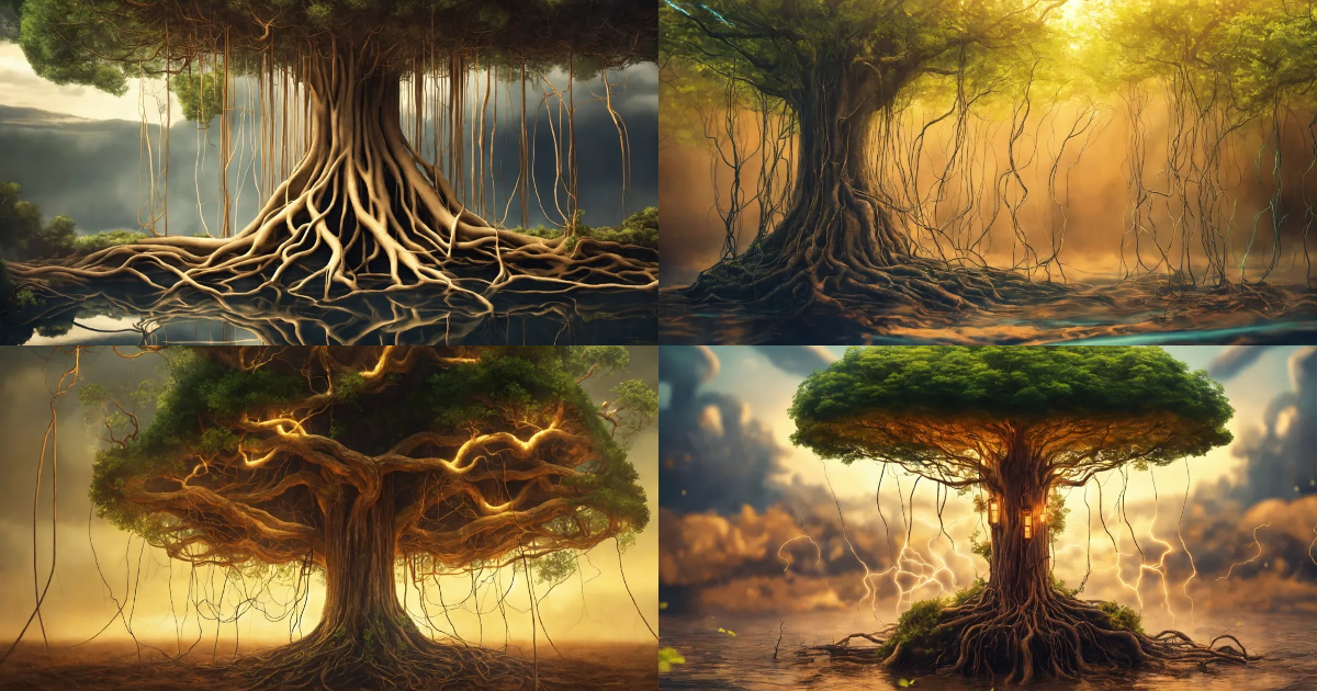 Lexica - Unrealistic tree roots made of electricity floating in the air ...