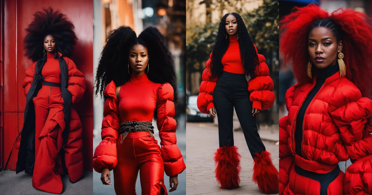 Lexica - Black woman, in red high fashion street wear with puffer ...