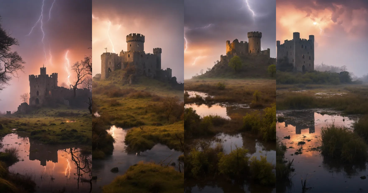 Lexica - Ruin of a stone castle in the middle of a foggy barren swamp ...