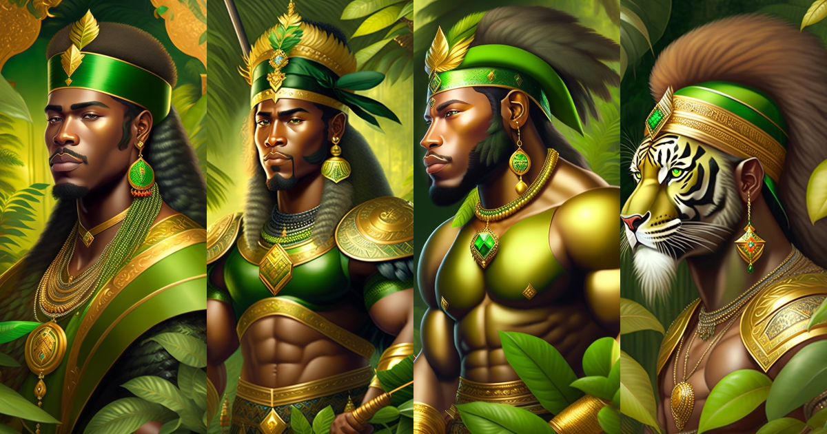 Lexica - Amazonian warrior, tall black man, with a green headdress of ...