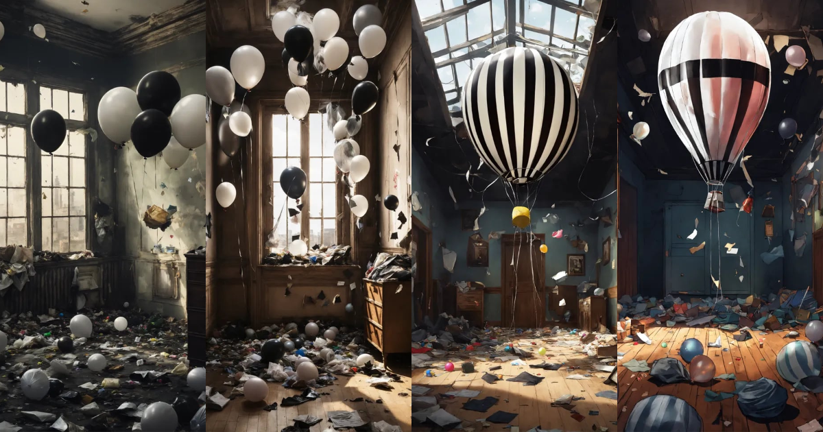 Lexica - A black and white striped balloon is hanging in the air, there ...