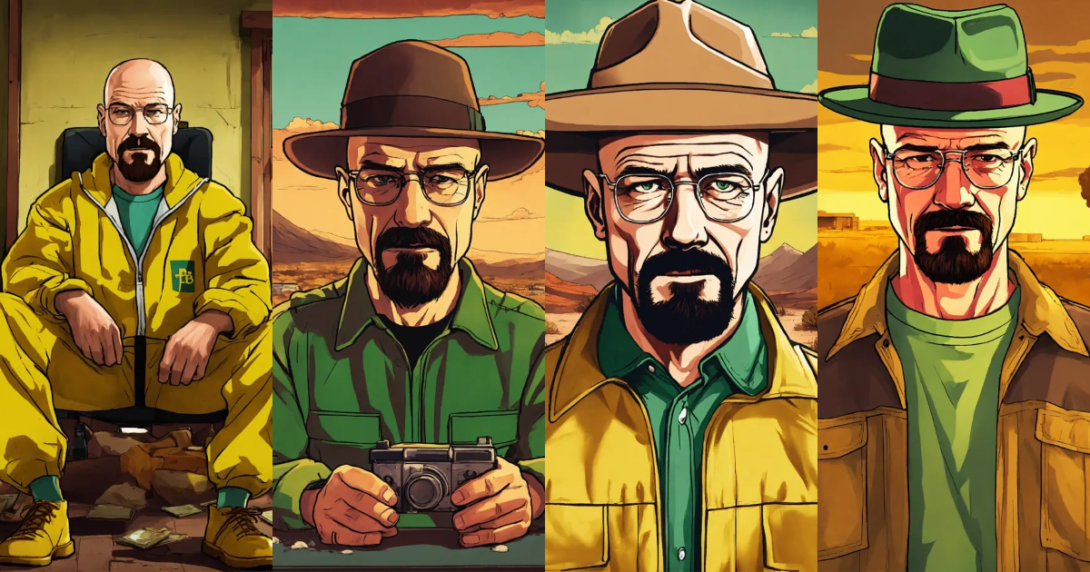 Lexica - Image of breaking bad in a cartoon style, facing foward with a hat