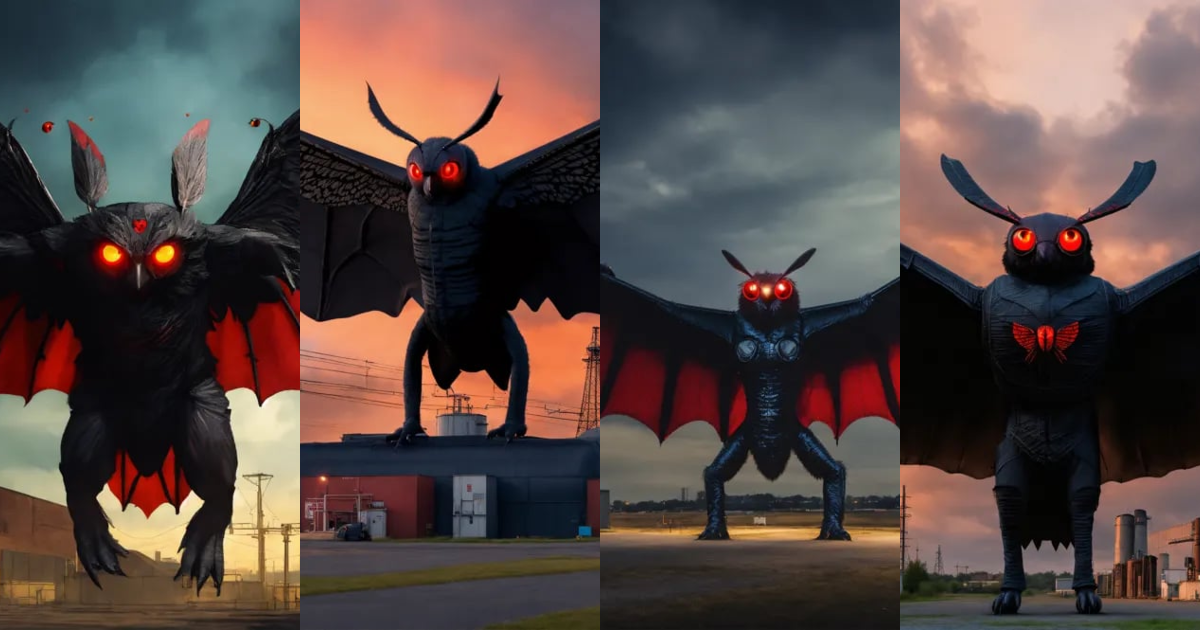 Lexica - Lifelike mothman with red eyes and black body flying over ...