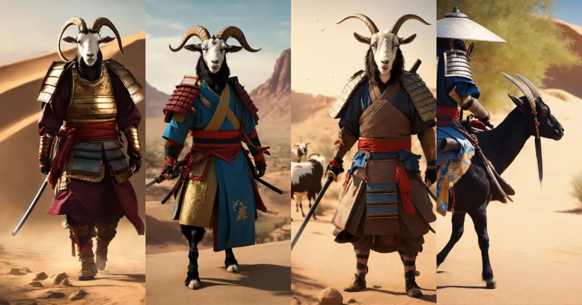 Lexica - Goat samurai. Desert oasis. Hyper realistic.