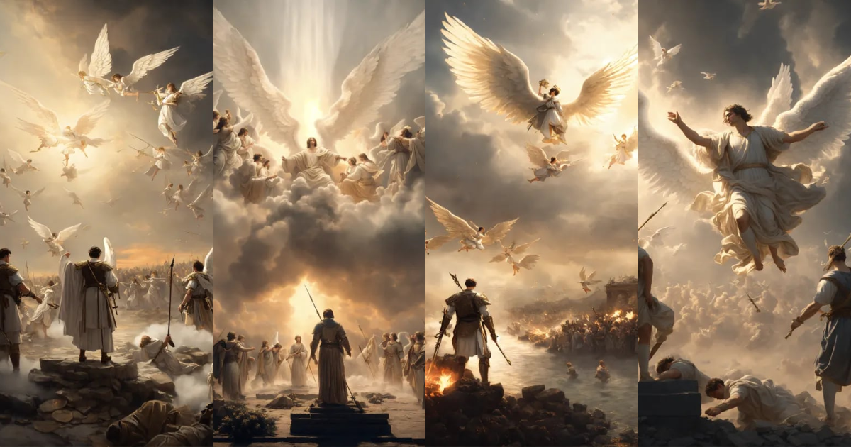 Lexica - A classical painting of the angels in heaven at war while man ...