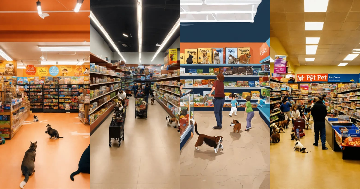 Lexica - A photo of a pet store. The store is full of people and ...