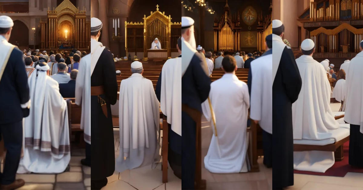 Lexica - A hundred Orthodox people sit in a synagogue with tallit and ...