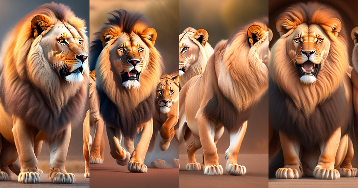 Lexica - Male lion roaring with two lion cubs between his legs, hyper ...