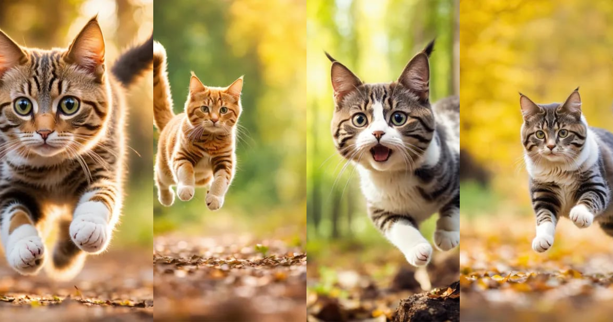 Lexica - Cute jumping cat with four legs, in the behind defocus forest