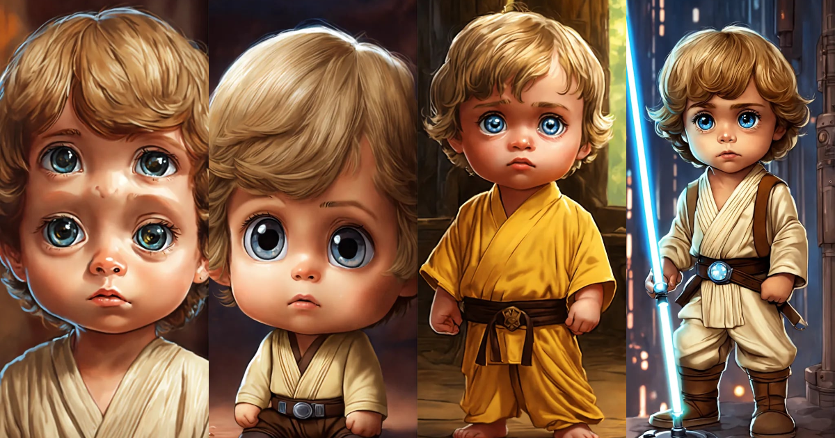 Lexica - Luke Skywalker as a cute baby cartoon, big eyes Ultra realist