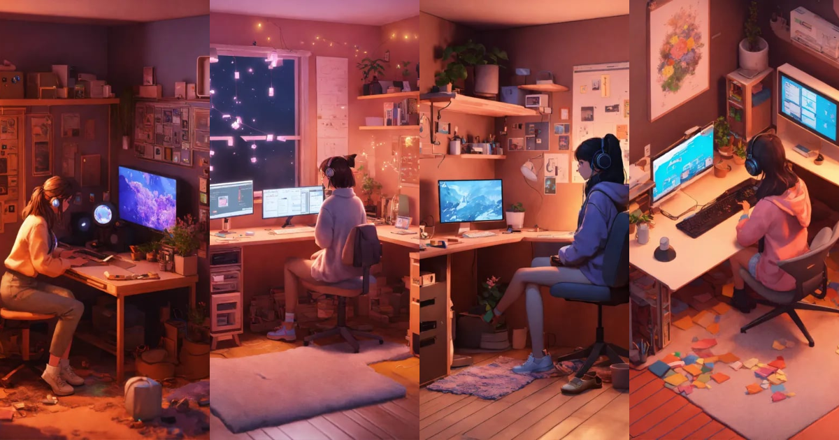 Lexica - A lofi girl programmer in front of his computer station, cozy ...