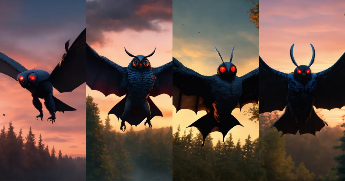 Lexica - Photorealistic mothman flying over trees as dusk sets in