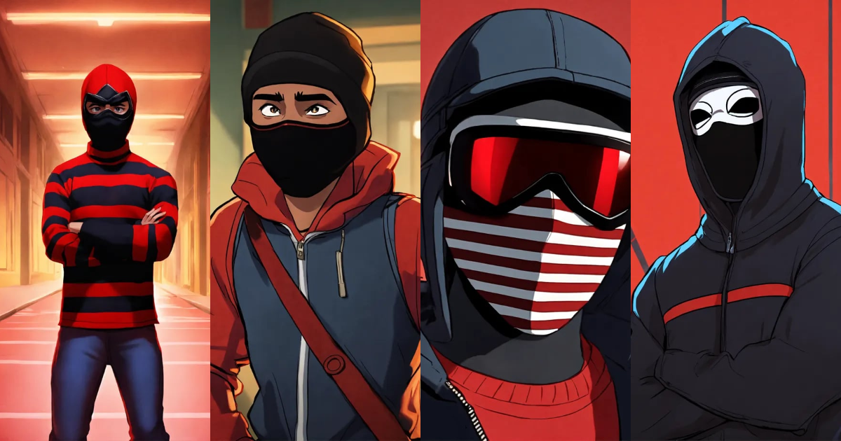 Lexica - Animated cartoon with a black ski mask with stripes, red shirt ...