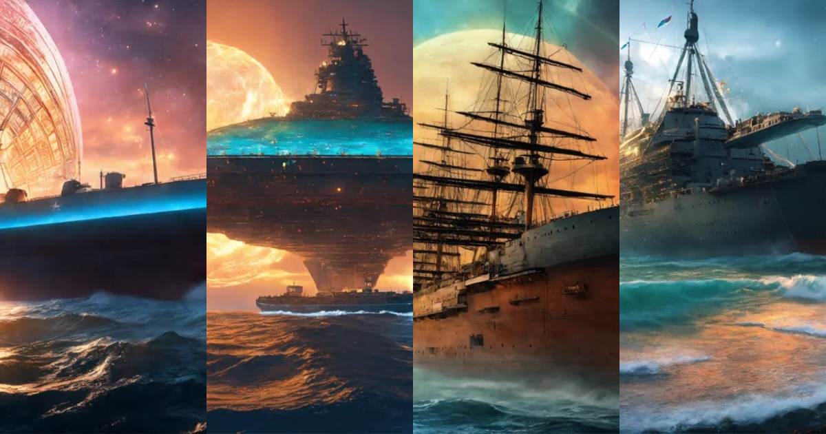 Lexica - Ship in brave sea disappearing into an interdimensional stargate