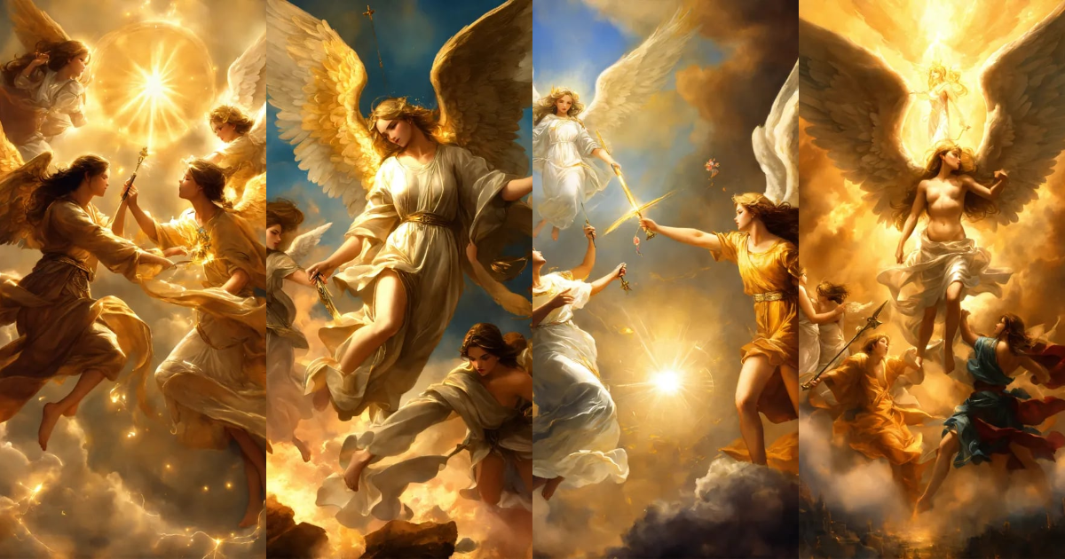 Lexica - Angels fighting against other angels, heavenly vibe