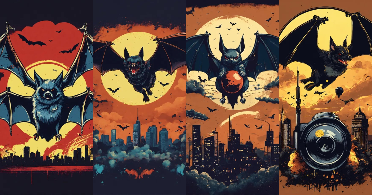 Lexica - T-shirt design, aggressive flying bat with bomb, dark sky