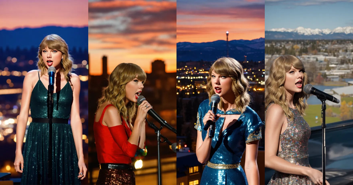 Lexica - Taylor Swift singing into a microphone with Spokane landmarks ...