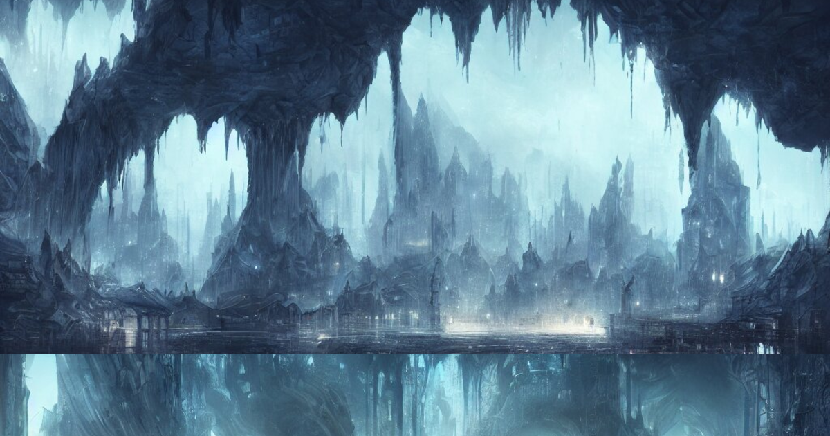 Lexica - A fantasy city built within a vast cave, sleek glass buildings ...