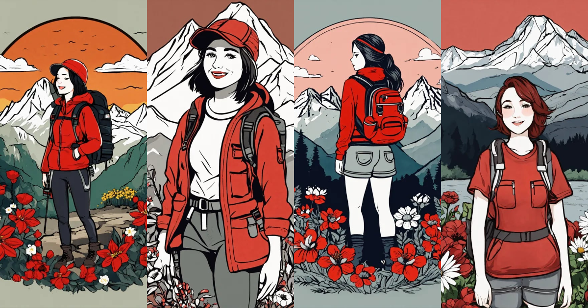 Lexica - Cute female hiker, with flowers and mountains, t-shirt design ...