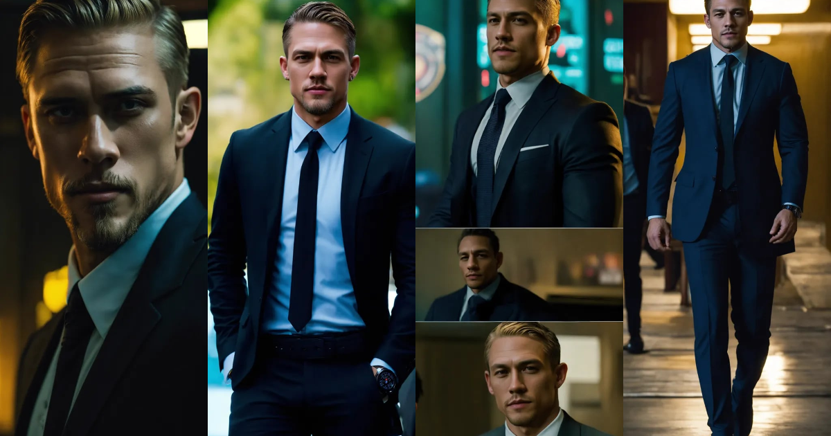 Lexica - Tall handsome man, hunnam, black suit, short blonde hair, FBI ...