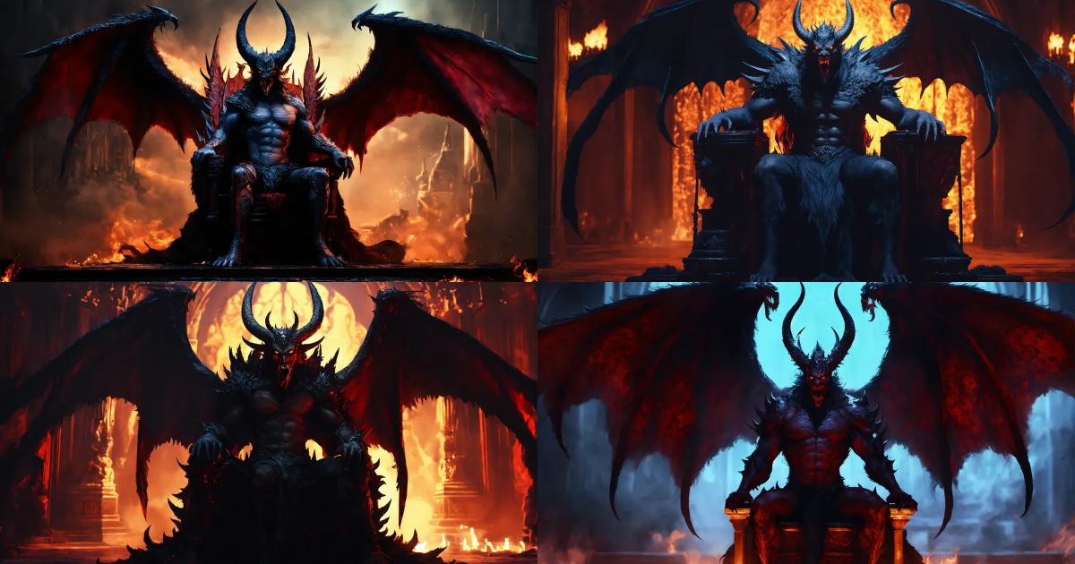 Lexica - Demon monster with wings, mouth closed, sitting on a throne ...