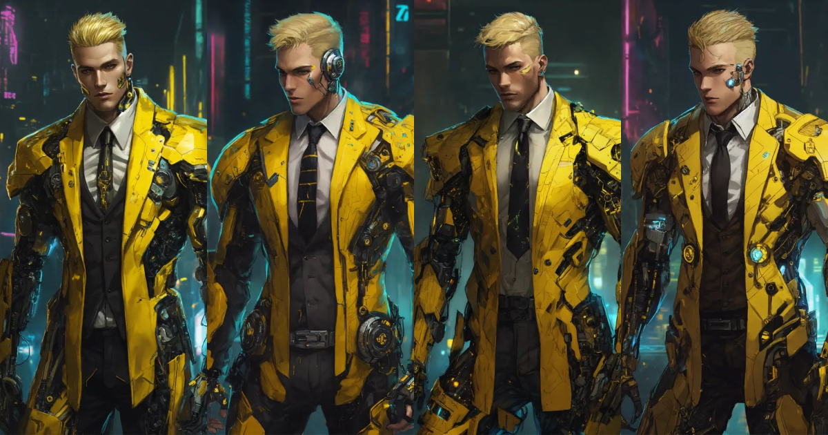 Lexica - Pale dirty-blonde muscular cyberpunk cyborg man with yellow ...