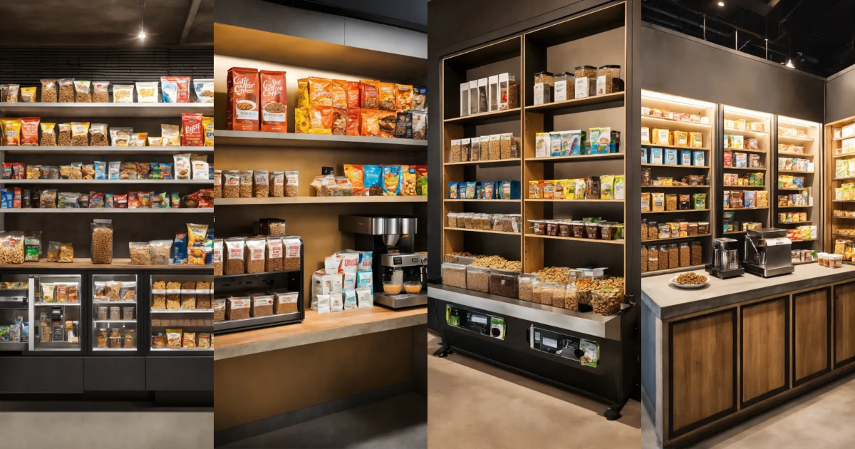 Lexica - A self serve breakroom cereal shelf with snacks on an easy to reach shelf for employees ...