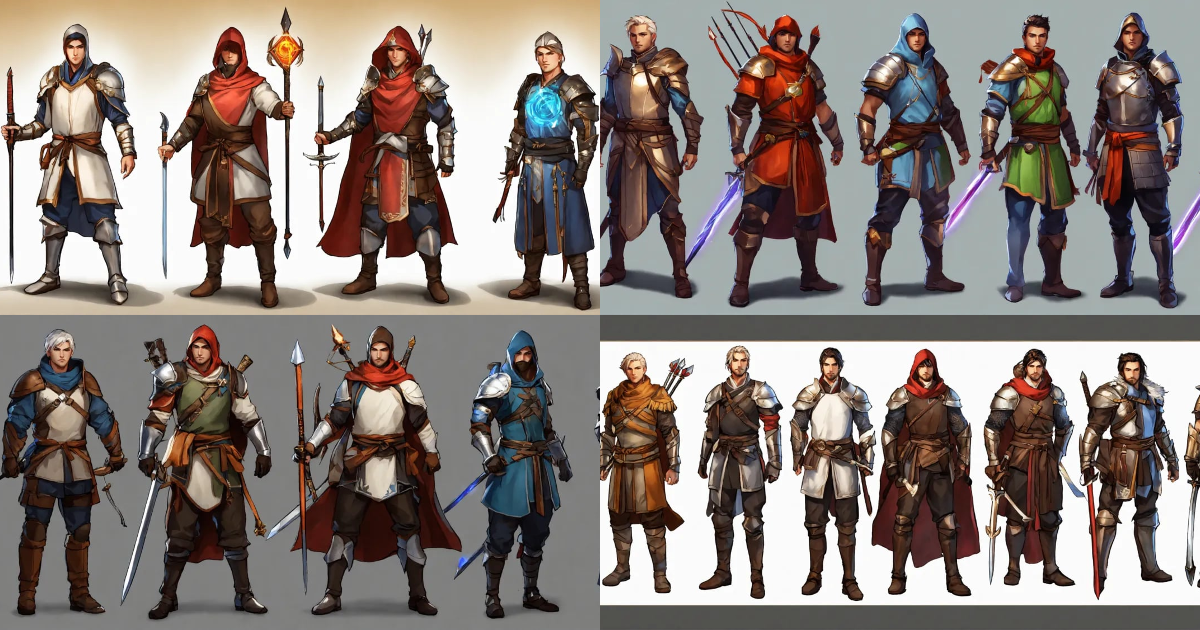 Lexica - 4 realistic full body male heroes (mage, knight, archer, ninja ...