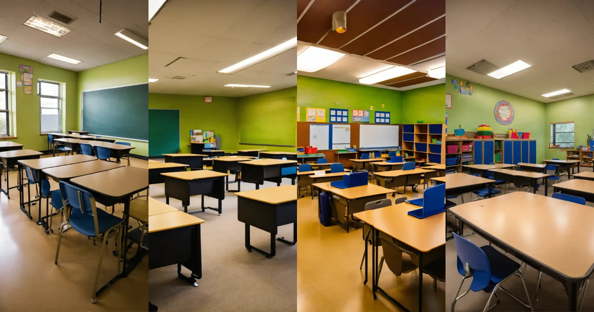 Lexica - A classroom with a teacher desk, and 5 student desks with 4 ...