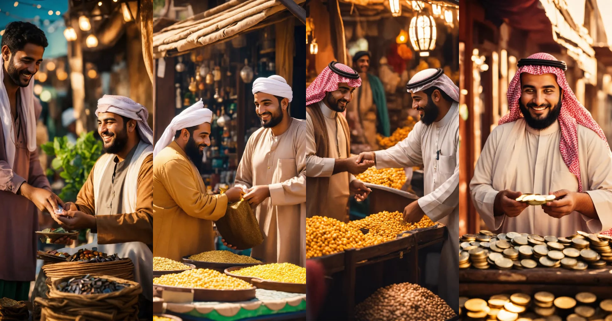 Lexica - A smiling plump arab merchant, giving money to his adult son ...