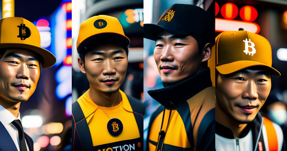 Lexica - ASIAN GUY WEARING A HAT WITH A BITCOIN LOGO ON IT IN TOKYO. IN ...