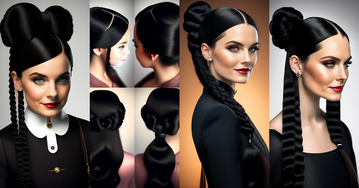 Lexica - Wednesday Addams black hair braided in two pigtails in a black ...