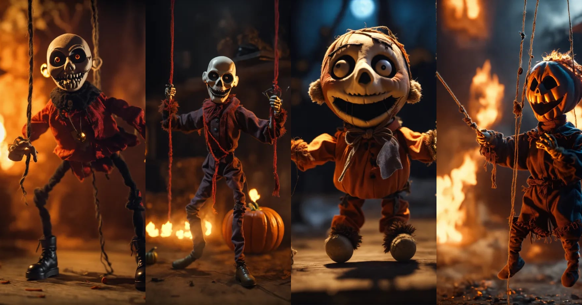 Lexica - Scary puppet on a string under fire, halloween, unreal engine ...