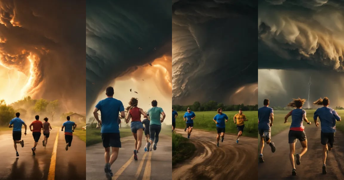 Lexica - Image of people running away from a raging tornado. Ensure ...