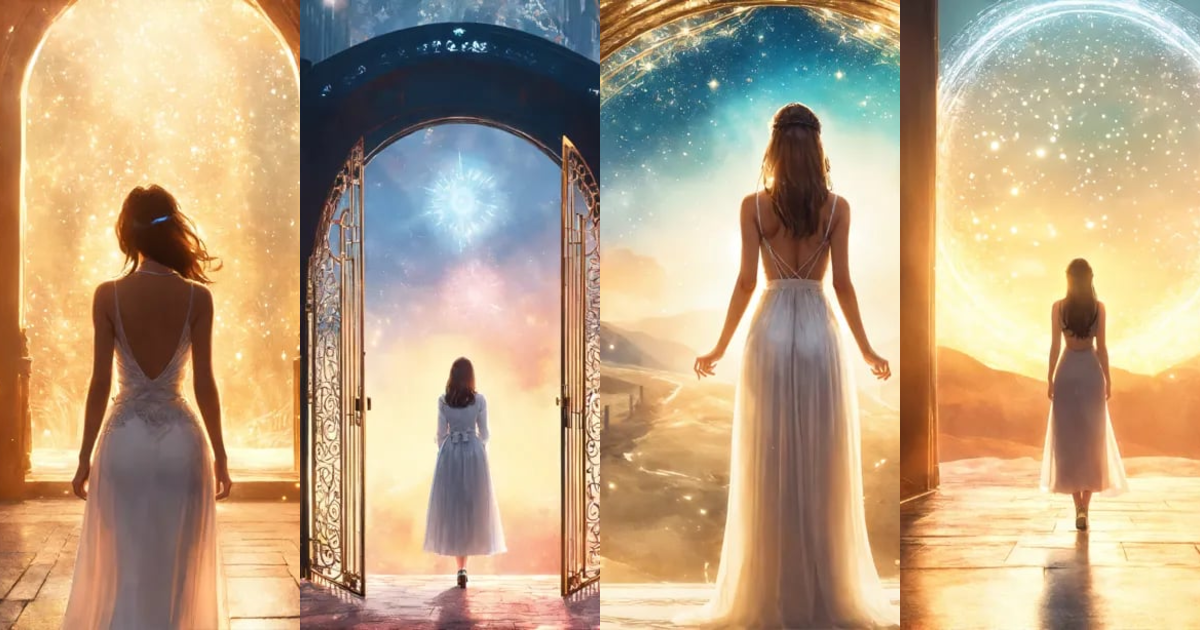 Lexica - Create an image of a woman from behind. five portals gates and ...