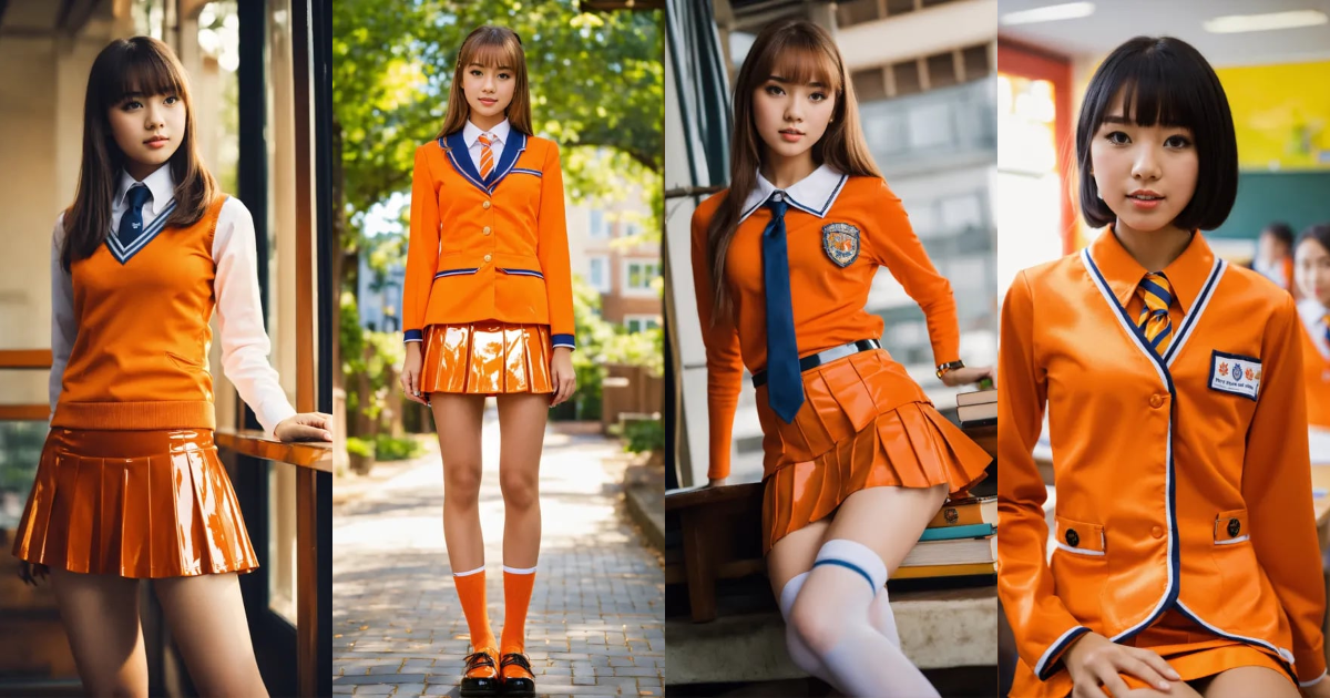 Lexica - Girl in glossy orange school uniform miniskirt